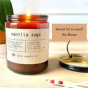 Vanilla Sage Beeswax Candle - 100% Pure Beeswax Candle - 2 Ingredients Only: 100% Pure High Quality USA Beeswax + 100% Pure Essential Oils - Made in USA - 8oz - Burns Clean, Non Toxic (8 oz)