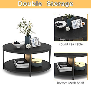 NSdirect 36 inches Round Coffee Table, Rustic Wooden Surface Top & Sturdy Metal Legs Industrial Sofa Table for Living Room Modern Design Home Furniture with Storage Open Shelf (Black)