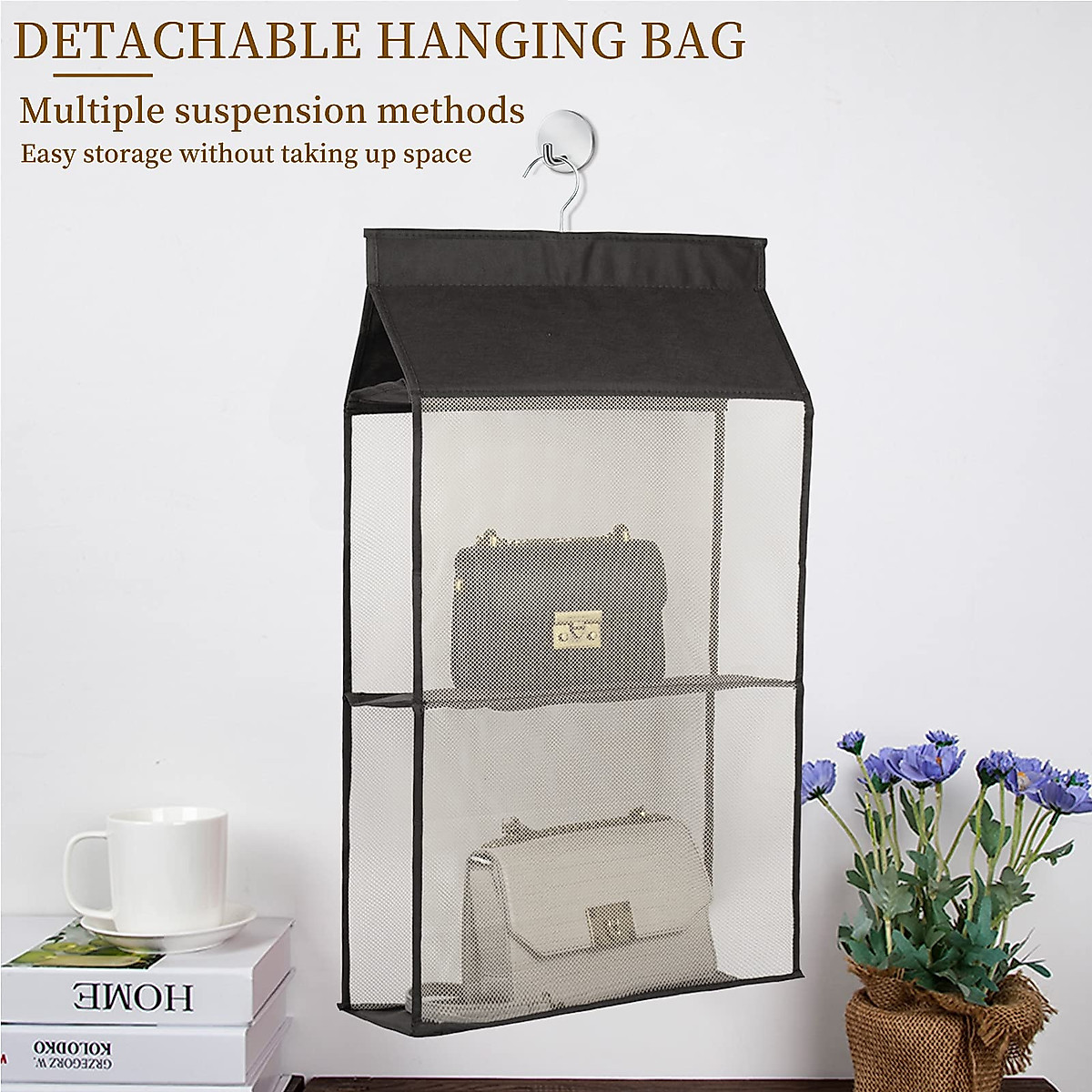 KMOTASUO 2 Pack Detachable Purse Handbag Organizer for Closet, Hanging Purses Bag Storage Holder with 4 Clear Shelves, Space Saving Wardrobe Organizers System for Bedroom Living Room