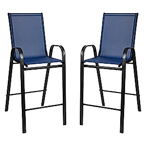 Flash Furniture Brazos Bar Table Set - 5 Piece Glass Brazos Bar Table with 4 Navy Patio Bar Stools - Brazos Outdoor Chairs