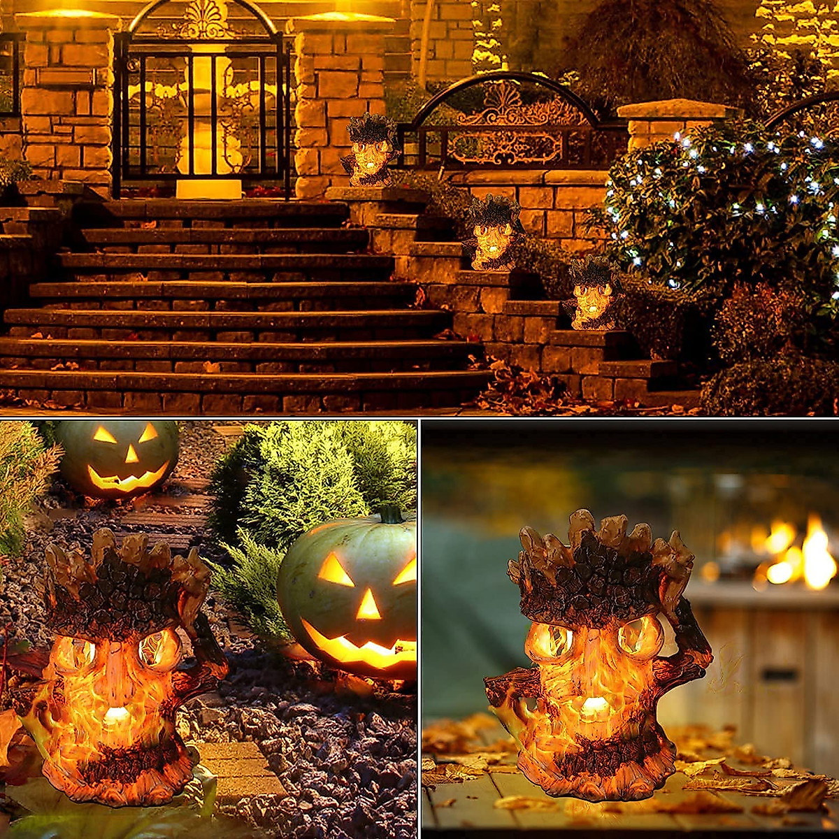 Solar Lanterns Outdoor Tiki Statue Lights Large Stump on Fire Figurine Flickering Flame Solar Halloween Light Waterproof Patio Decoration for Table Deck Garden Yard Lawn Porch Garden Holiday (1 Pack)