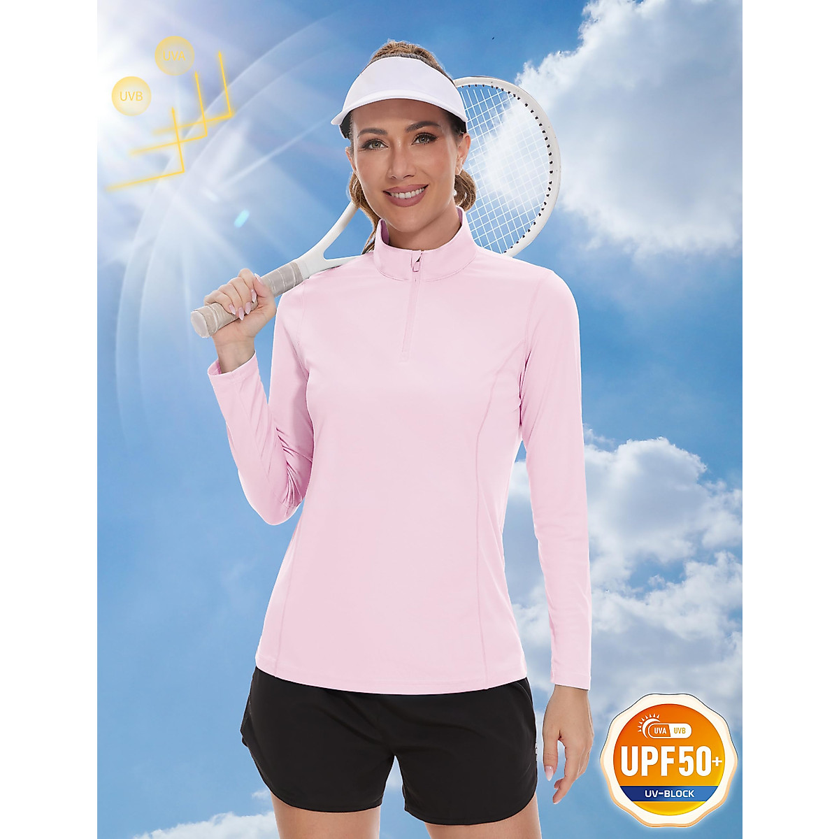 TACVASEN Women's Rash Guard Shirts Pink Workout Tops Long Sleeve Quarter Zip Pullover Womens UPF 50+ Golf Shirts, L