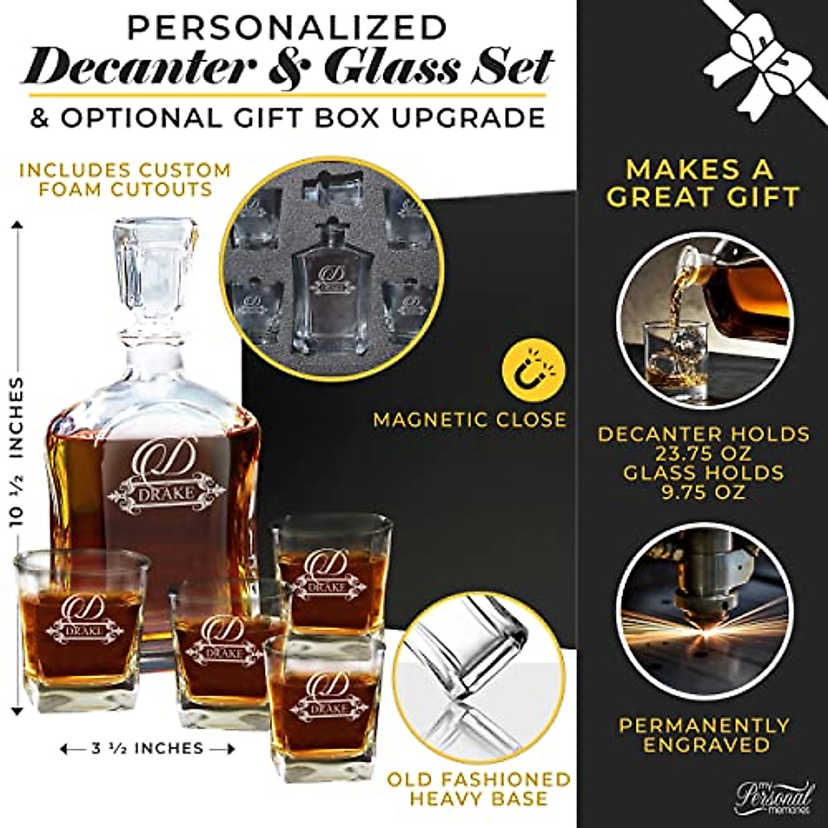 Personalized 5 pc Whiskey Decanter Set - Decanter and 4 Glasses Gift Set - Custom Engraved with Fancy Design