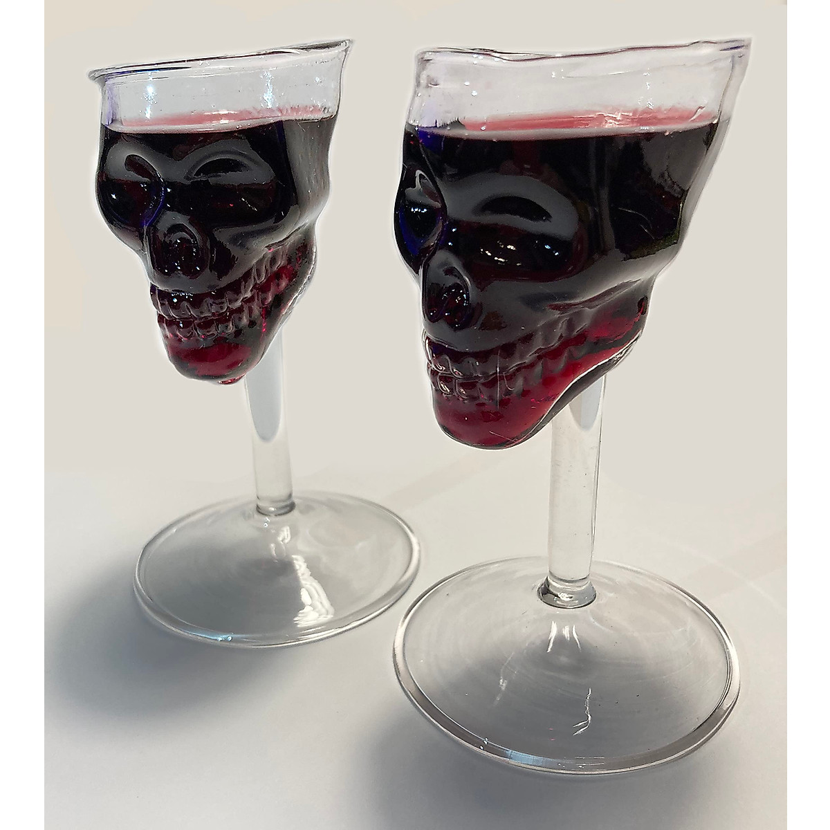 Mazeology Modern Handmade Mouth-blown Crystal Clear Borosilicate Glass SKULL Shaped Set of Two Stemmed Wine or Cocktail Glasses, good for Liquors, After-Dinner Drinks and More!