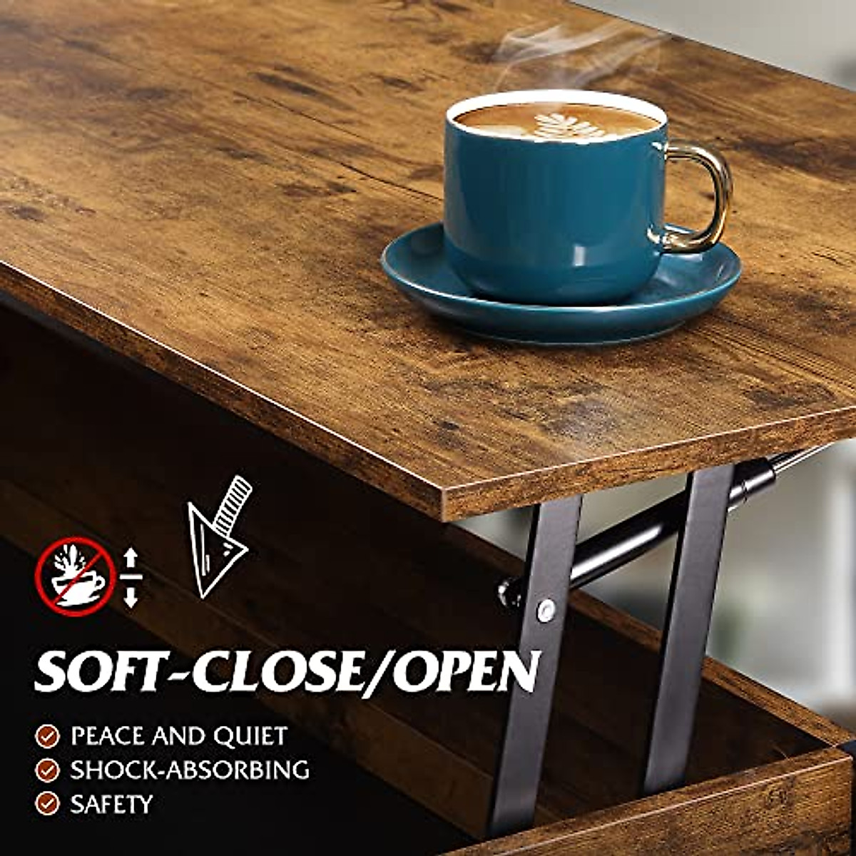 WLIVE Lift Top Coffee Table for Living Room,Coffee Table with Storage,Hidden Compartment and Metal Frame, Central Table with 4 Casters for Reception Room,Rustic Brown.