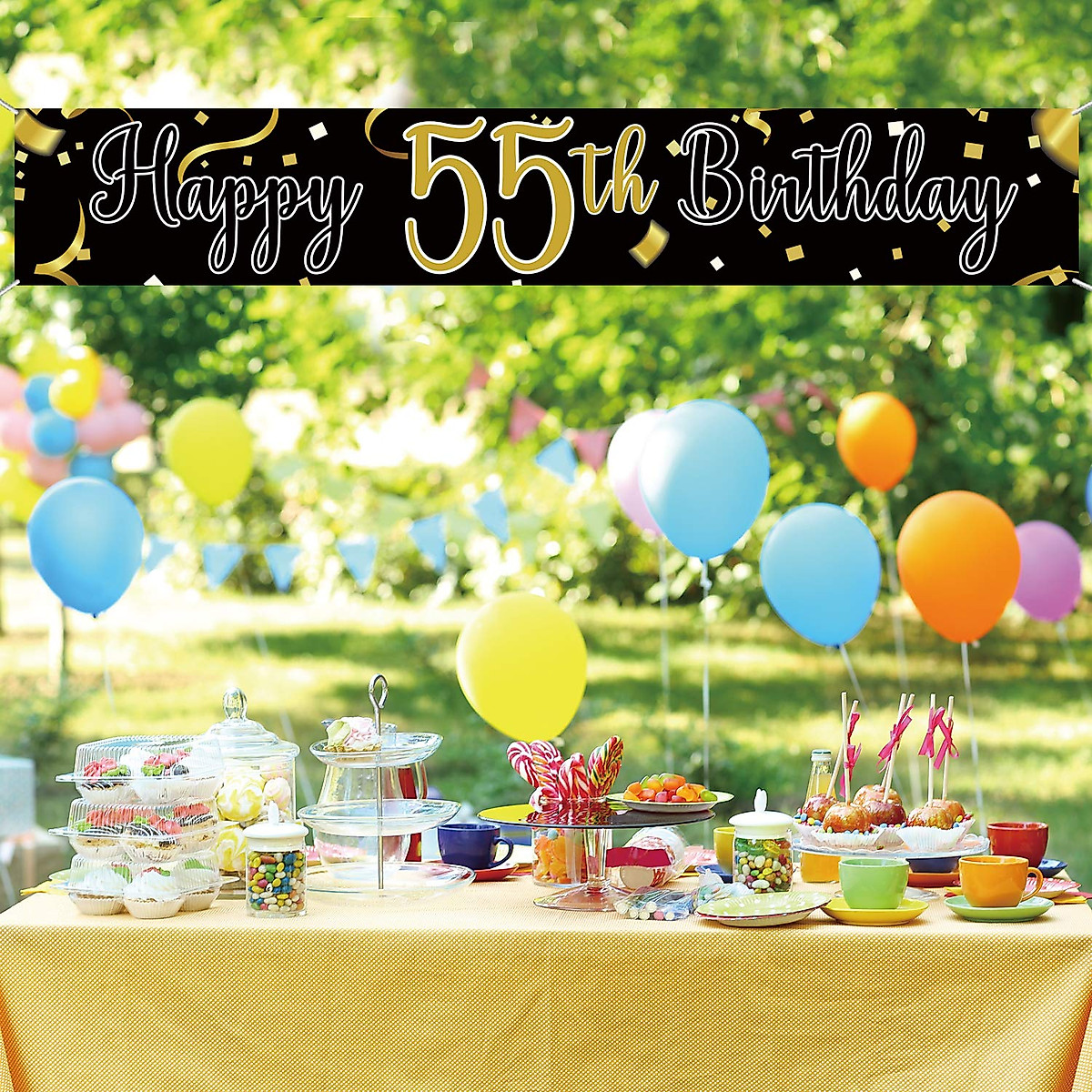 Large Happy 55th Birthday Banner, Cheers to 55 Years & 55 Fabulous, Birthday Hanging Banner, Birthday Party Decoration Supplies, Celebration Flag(9.8 x 1.6 ft)