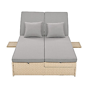 Merax Patio Conversation Set, Outdoor Double Sunbed Wicker Rattan Patio Reclining Chairs with Adjustable Backrest and Seat, Brown