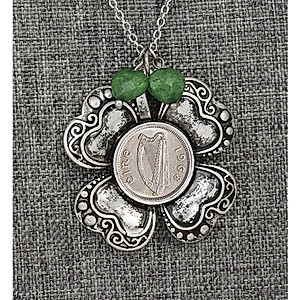 American Coin Treasures Irish Threepence Four Leaf Clover and Green Heart Charm Pendant