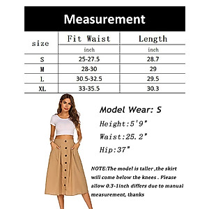 Naggoo Womens Summer A-Line High Waisted Button Pleated Midi Skirt Khaki Large