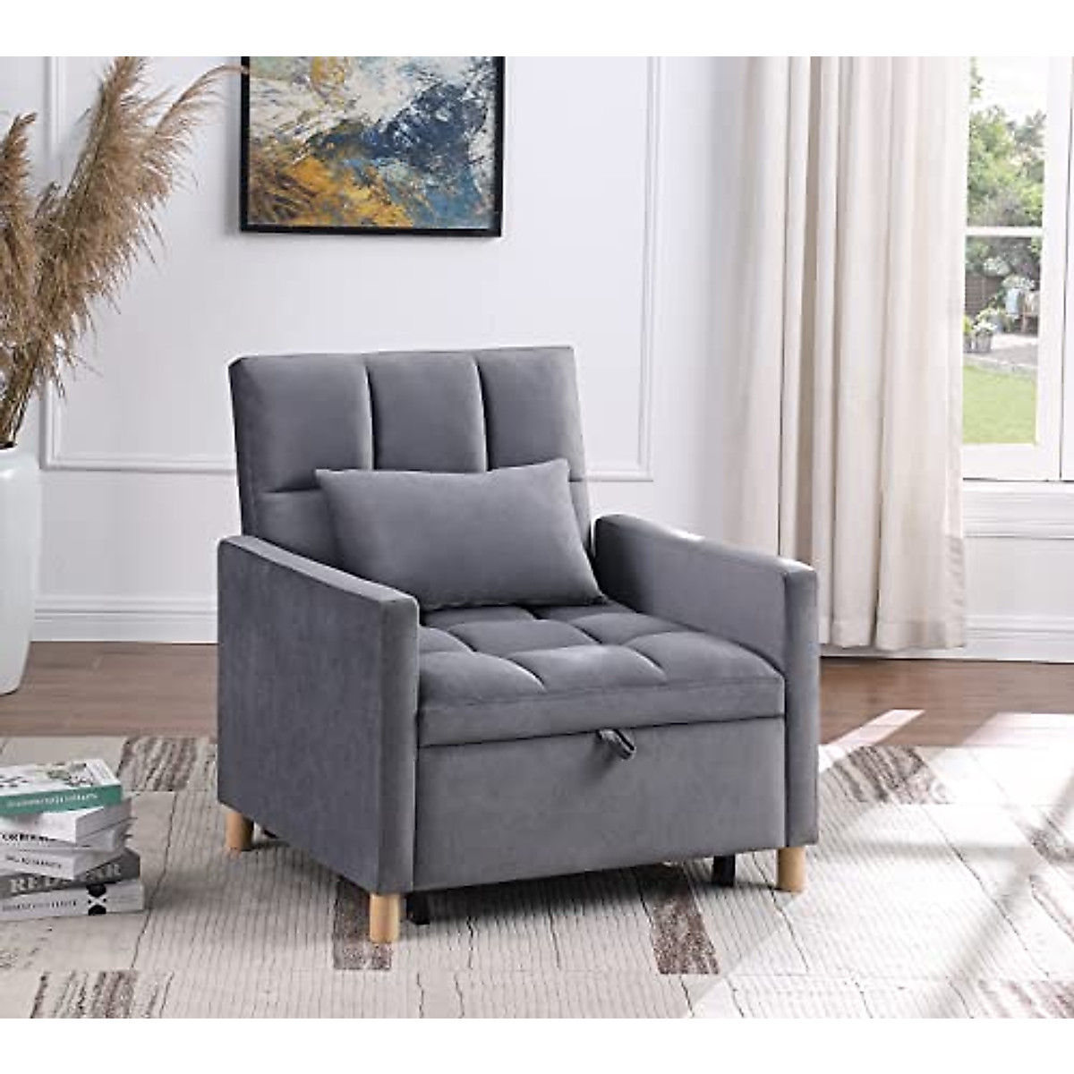 LKTART Sofa Bed Convertible Sofa Chair with Pillow Pull-Out Sofa Bed Velvet Folding Footstool Guest Bed Suitable for Bedroom, Living Room, Apartment