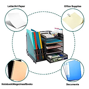5 Tier Desk Organizer with Vertical File Racks, Paper Letter Tray with Drawer and 2 Pen Holder for Office and School Supplies, File Organizer for Desk, Mesh Desktop Organizer for Office, School, Home