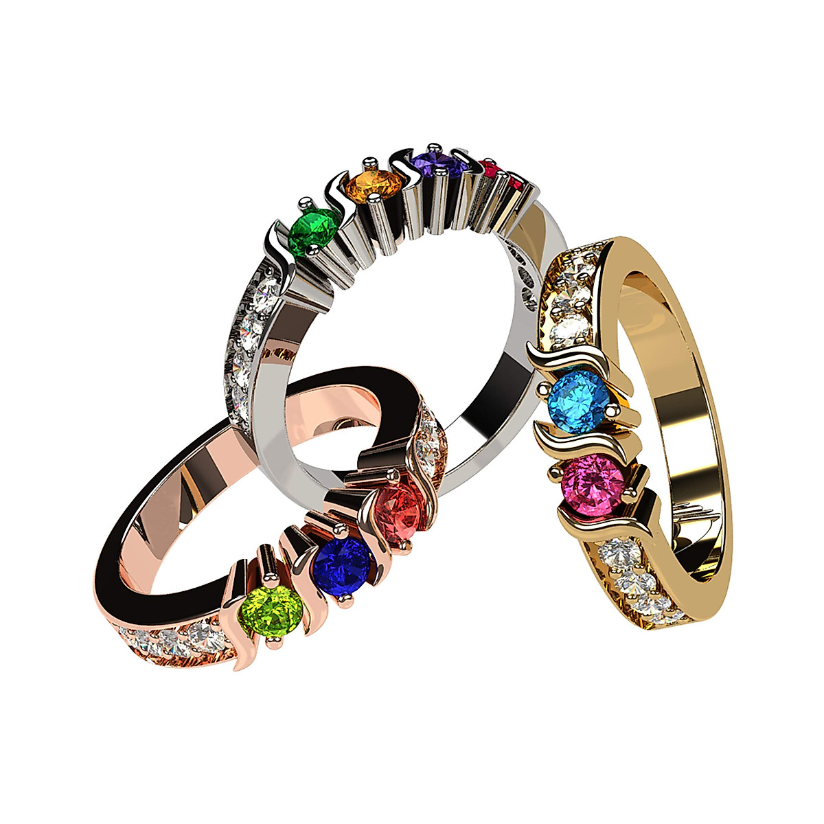 Central Diamond Center S-Bar W/Sides Mother's Ring 1 to 6 Simulated Birthstones - 14k Yellow Gold - Size 7