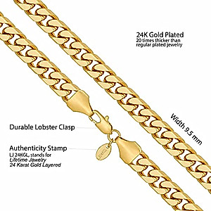 LIFETIME JEWELRY Miami Curb Square Cut Cuban Link Chain Necklaces 24k Gold Plated (5mm & 9.5mm) (24 inches, 9.5mm, Gold)