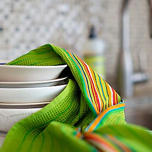 COTTON CRAFT Salsa Stripe Kitchen Towels - 12 Pack 100% Cotton Tea Dish Towels - Absorbent Reusable Low Lint Quick Dry - Multi Purpose Cooking Drying Restaurant Bar Cleaning Cloth Napkin - 16x28 Multi