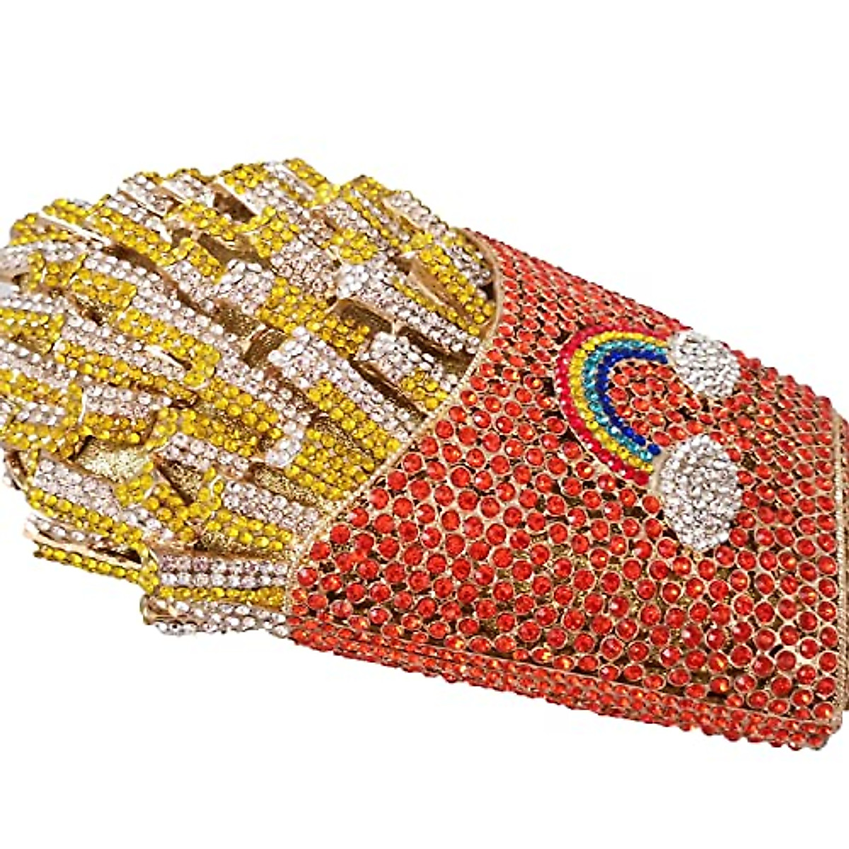 Tngan Women French Fries Shape Evening Bag Rainbow Pattern Rhinestone Diamond Clutch Gemstone Metal Handbag, Red 1