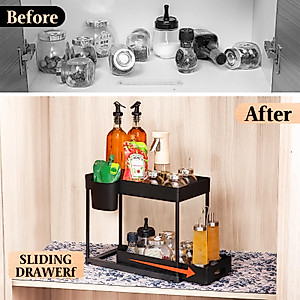 2 Pack Under Sink Organizers and Storage with Under Sink Mat, 2 Tier Black Pull Out Bathroom Cabinet Organizer , Cabinet Organizer with Hooks and Hanging Cups for Home Bathroom Kitchen Organization