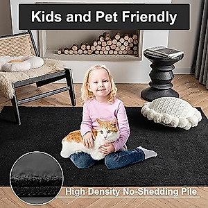 LIVEBOX Fluffy Shaggy Area Rug for Living Room,4x6 Feet Black Shag Washable Rug for Bedroom, Non Shedding and Non Slip Nursery Rug for Kids Baby,Faux Wool Rug Carpet for Teen's Room