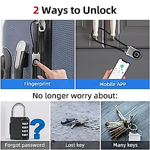 eLinkSmart Fingerprint Cable Lock, 6" Long Shackle Small Keyless Biometric Waterproof Bluetooth Smart Padlock for Gate Outdoor Fence Fridge Cabinet Locker Gun Pool Yard Pantry Helmet Travel - Silver