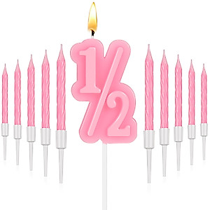 MTLEE 1/2 Birthday Candle Half Birthday Cake Topper with 10 Thin Spiral Cake Candles in Holders for 1/2 Birthday Anniversary Celebration Wedding Party Decorations(Pink)