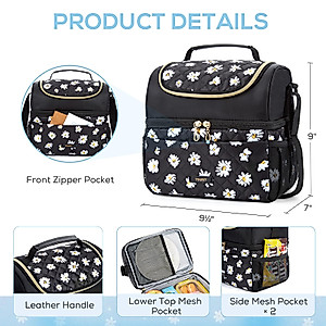 TOURIT Dual Compartment Lunch Bag Women Insulated Lunch Box Cooler Bag for Men, Women, Work, Picnic, Black with Daisy