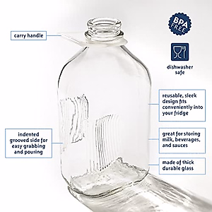 Kitchentoolz 64 Oz Glass Milk Bottle Jugs with Caps, Half Gallon Glass Milk Container for Refrigerator with Tamper Proof Lids and Pour Spouts- Pack of 2