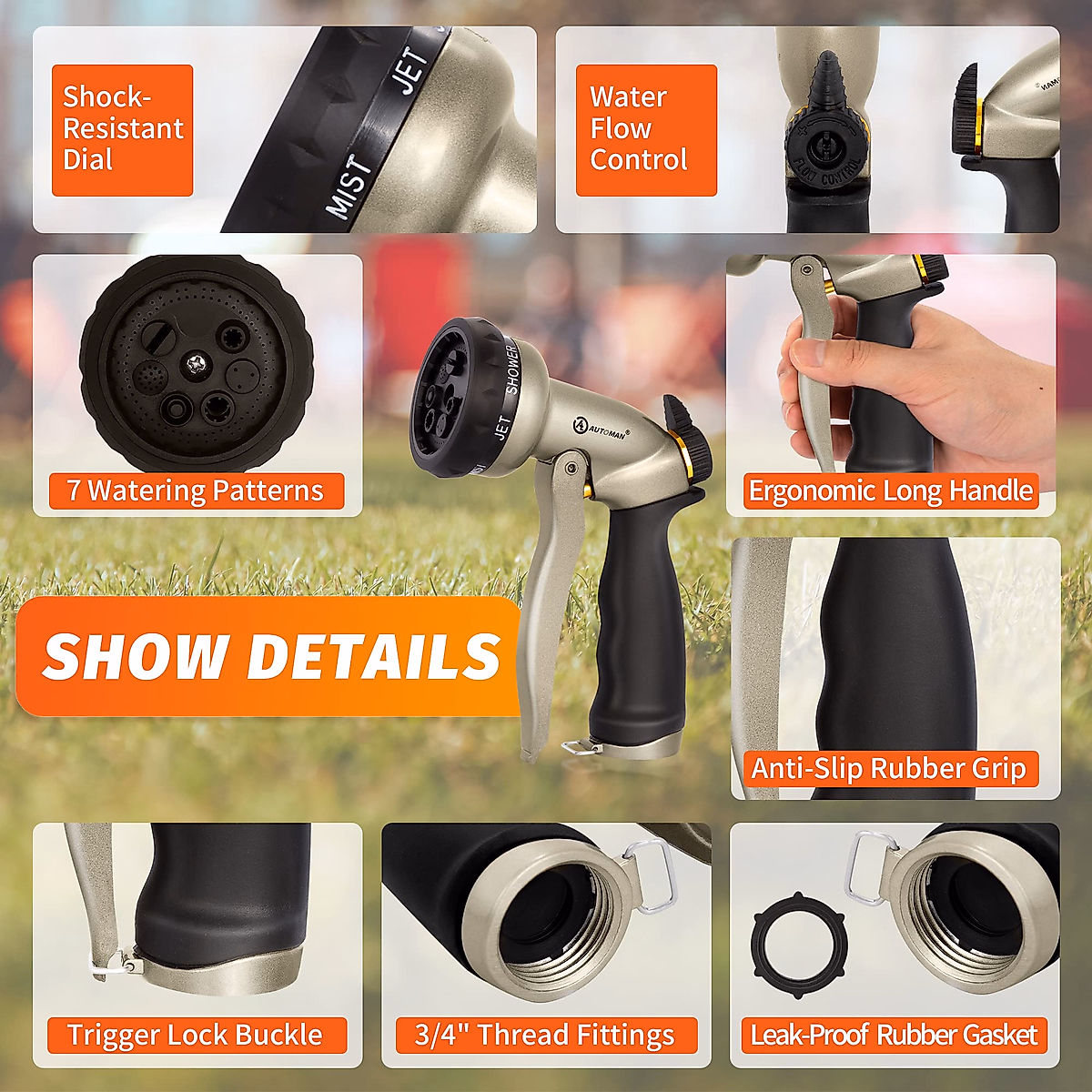 AUTOMAN Garden Hose Nozzle - 7 Patterns Sprayer, 100% Metal High Pressure Spray Nozzle, Labor-Saving Design, Heavy Duty Water Hose Nozzle for Garden Watering, Car Washing, Window Cleaning,Pets Bathing