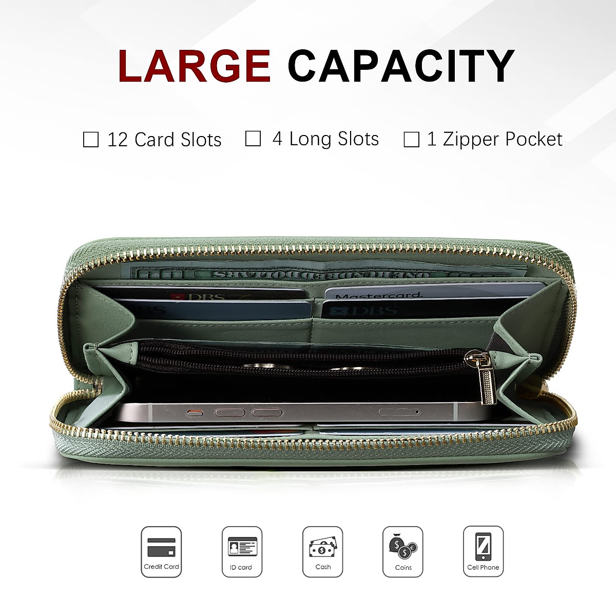 Travelambo Womens Wallet Tassel Bifold Ladies Clutch Wristlet Wrist strap Long Purse (Access Green Blooming)