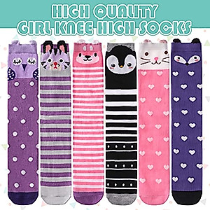 LINEMIN 3-12 Years Girls Knee High Socks Kids Cartoon Animal Warm Cotton Long Tall Boot Socks 6 Pairs (6 Pairs Animal C)