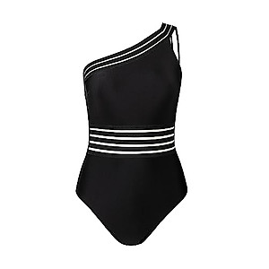 CUPSHE Women's One Piece Swimsuits Bathing Suits One Shoulder Adjustable Straps Cutout Asymmetrical Swimwear Mesh, L Black