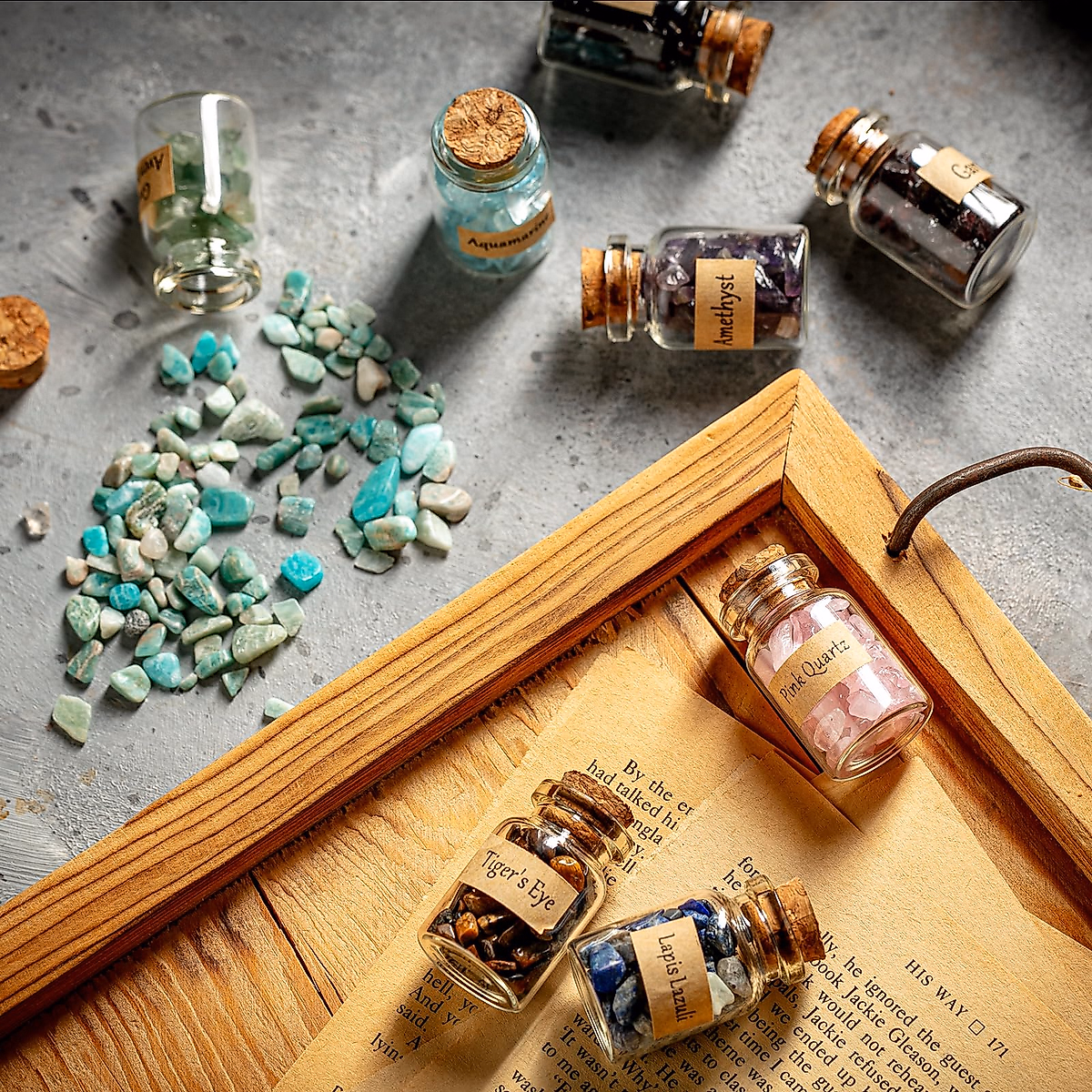 KHOCOEE 12 Different Gemstone Bottles Chip Crystals and Healing Stone, Chakra Healing Crystals Bottles, Wicca Gem Stones Set, Witchcraft Crystals