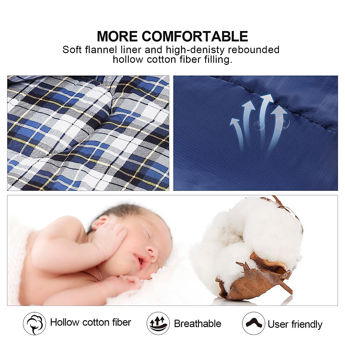 REDCAMP Outdoors Cotton Flannel Sleeping bag for Camping Hiking Climbing Backpacking, 3-season Trip Warm S Envelope Sleeping Bags 75 by 33 Inches (Navy Blue with 2lbs Filling)