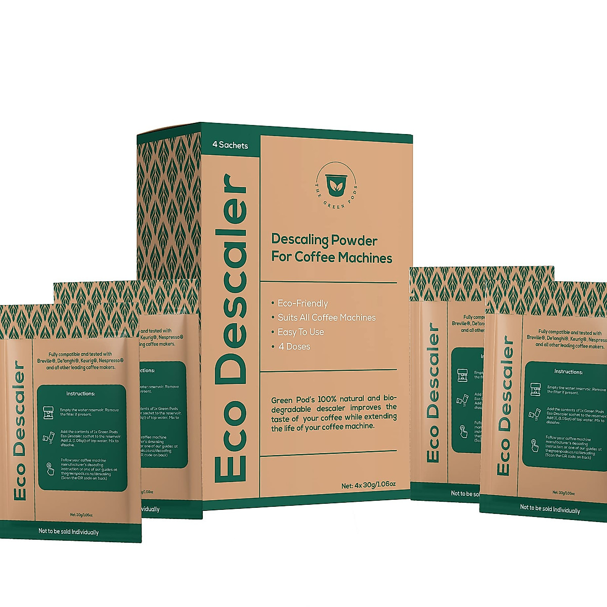 The Green Pods Eco Descaler - Coffee Machine Descaler Compatible With Nespresso, Keurig, Breville, DeLonghi, And All Others - Descaling Powder