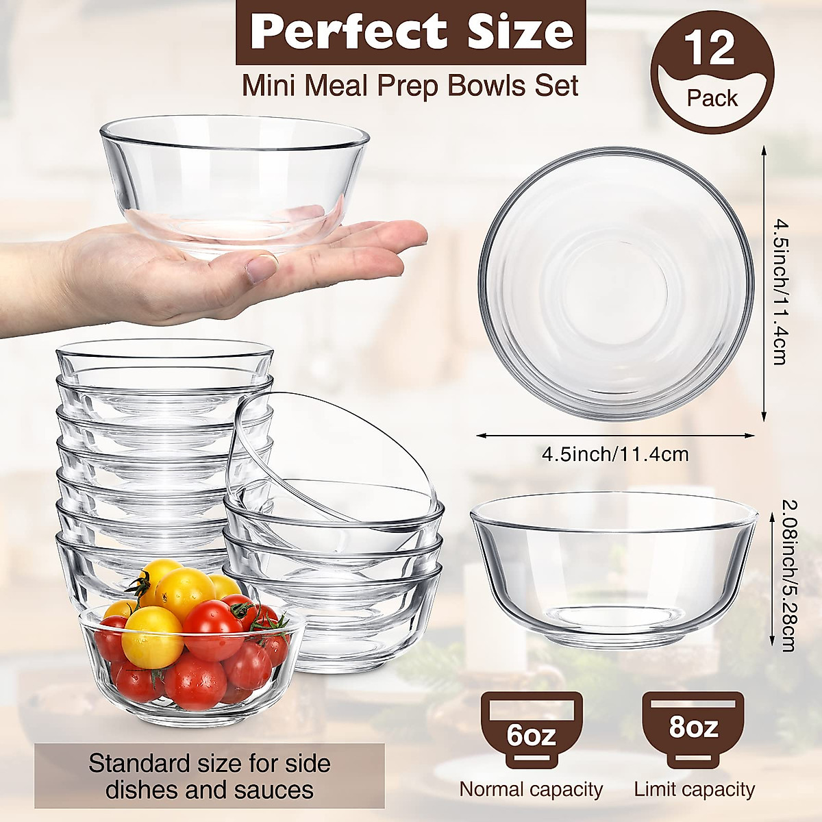 Eccliy 12 Pcs 8 oz Glass Bowls Set 4.5 Inch Mini Meal Prep Bowls Small Glass Bowls Clear Serving Bowls Sauce Cups for Kitchen Salad Dessert Ice Cream Dips Snack Side Dishes Ingredients Condiments