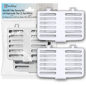 iTouchless AbsorbX Odor Removal Kit with Replaceable Deodorizer, Stick On Deodorizer Activated Carbon Filters eliminate smell in Closet, Drawer, Pantry, Shoe Rack, Locker, Trash Can (2-Pack)