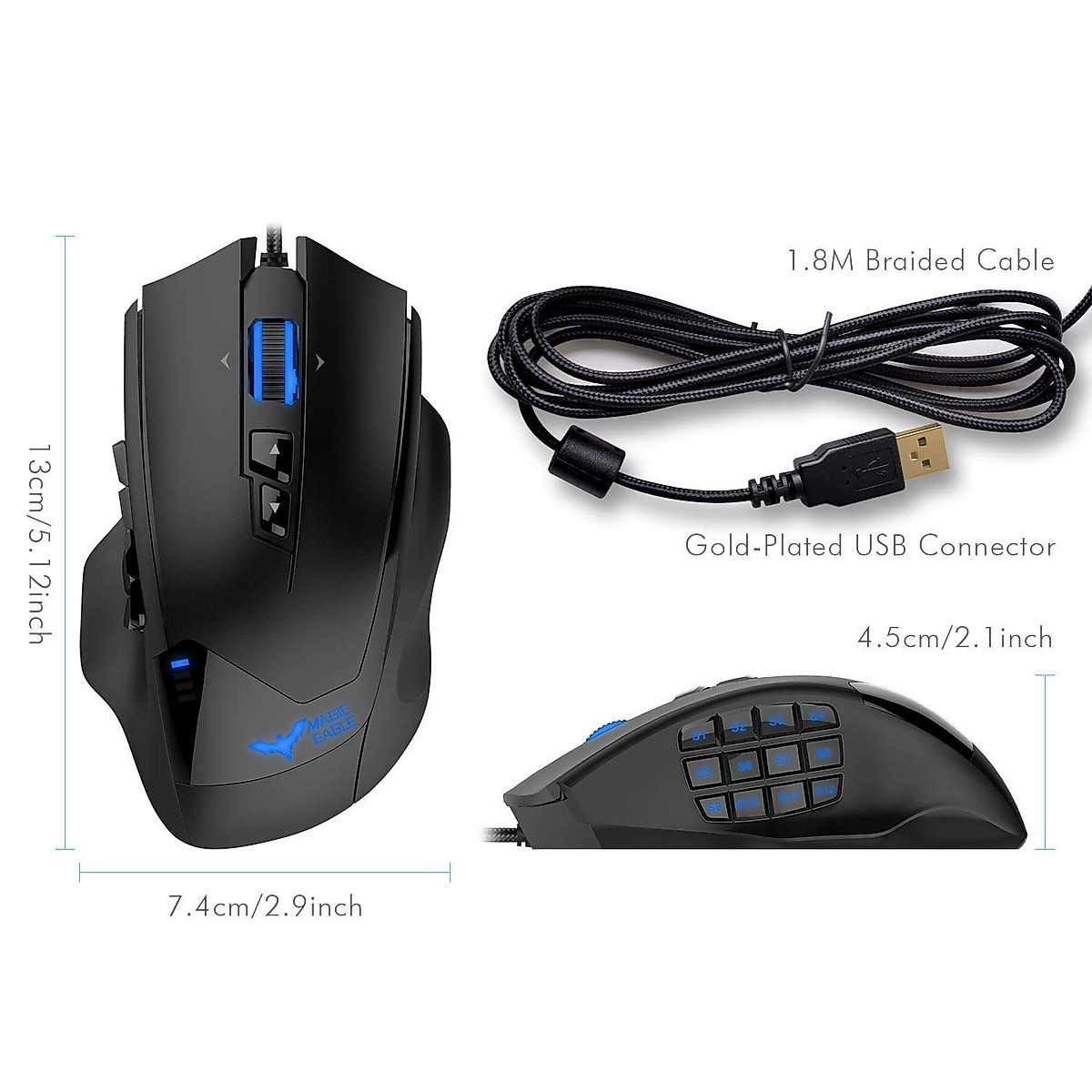 Gamerz GMZ-M2 12000 DPI 19 Programmable Buttons Optical Sensor Pixar PMW 3360 MMO Gaming Mouse - Black