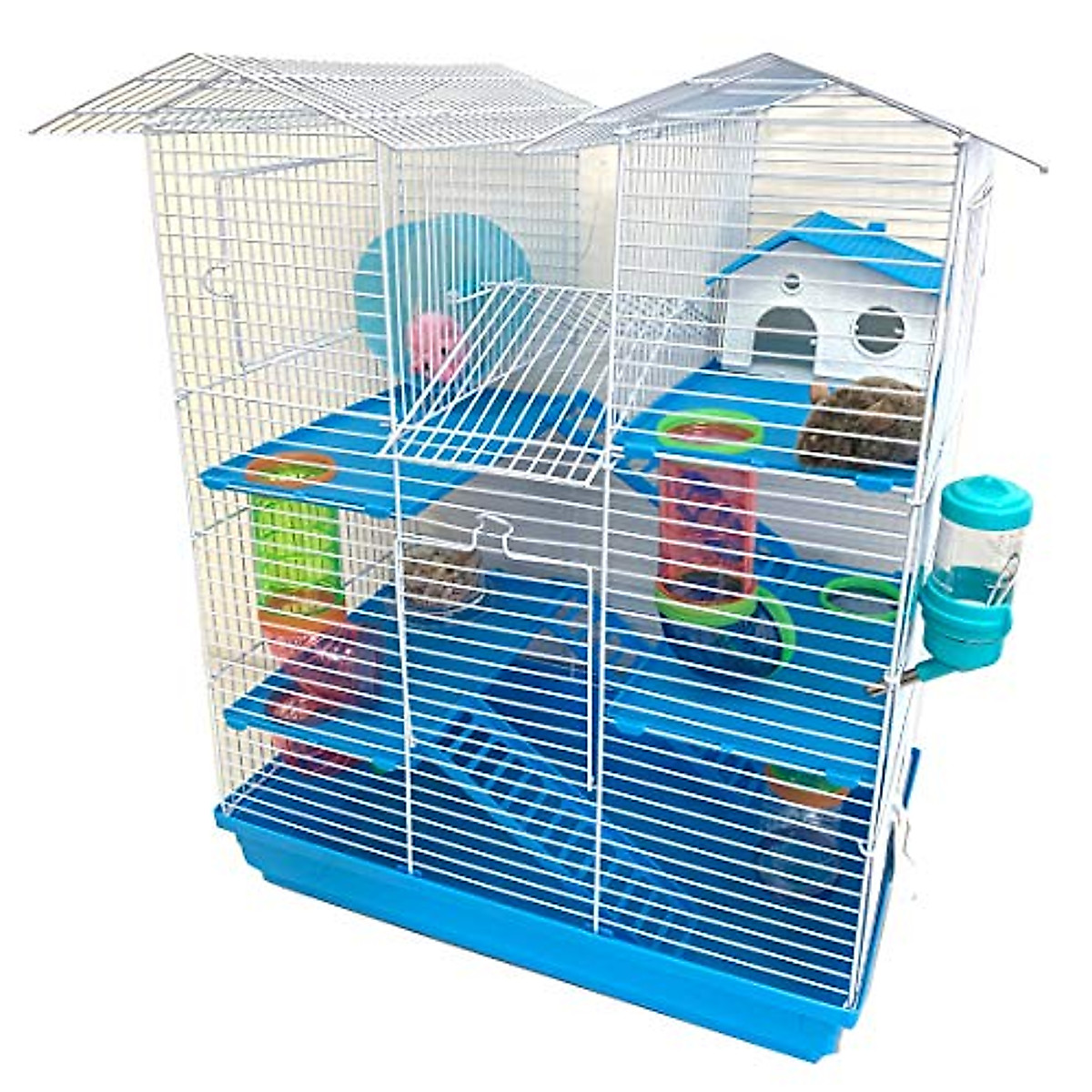 Large Twin Tower 5-Levels Crossing Level Tube Habitat Syrian Hamster Home Rodent Gerbil Mouse Mice Rat Wire Animal Cage (21L x 14W x 23H inches, Blue)