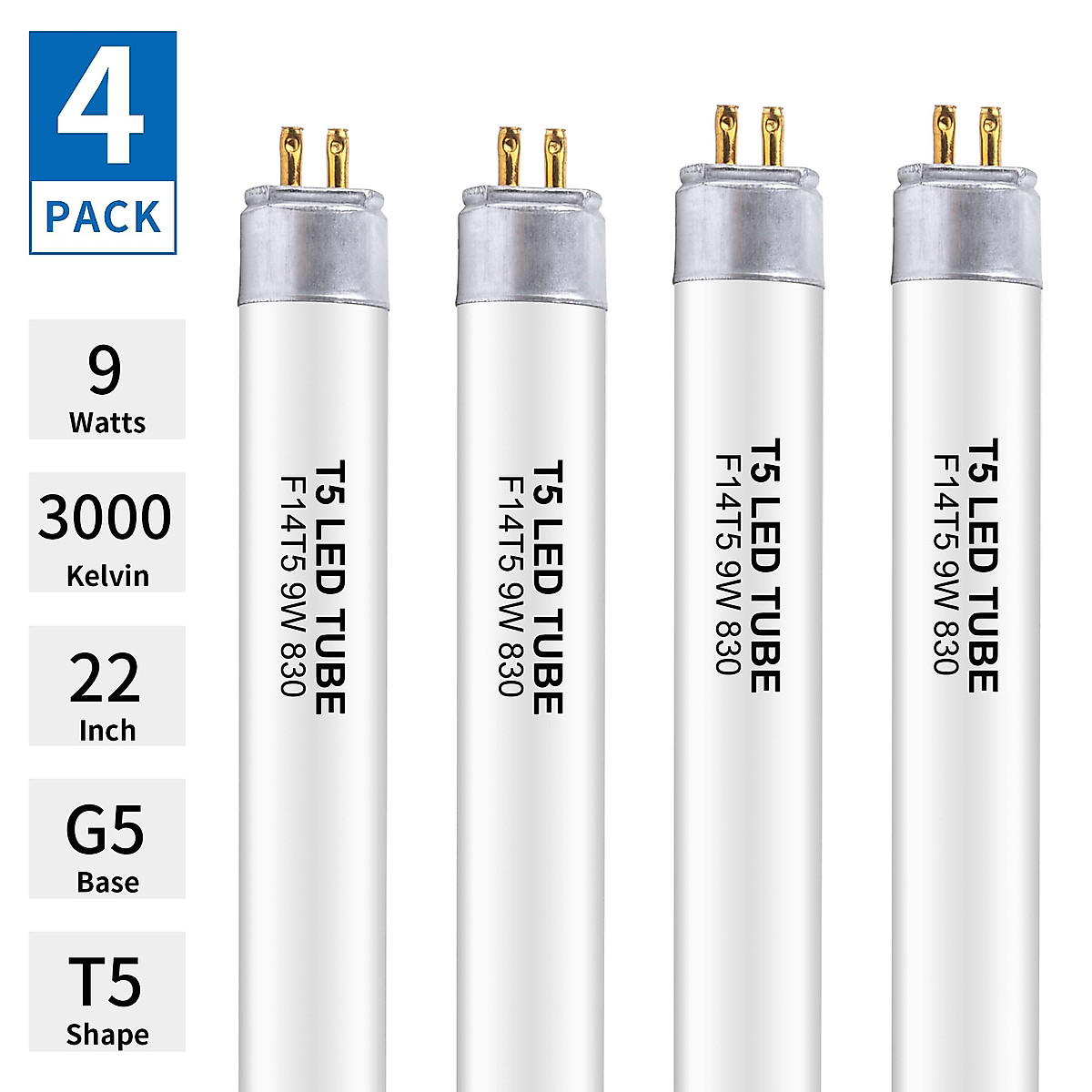 Wesome Lighting 22 Inch F14T5/WW LED Replacement Bulbs, 3000K Warm White, T5 LED 9 Watts Replace Fluorescent Bulb with LED, 950 Lumens, Replacement Tube for Counter and Cabinet Fixture, 4 Pack