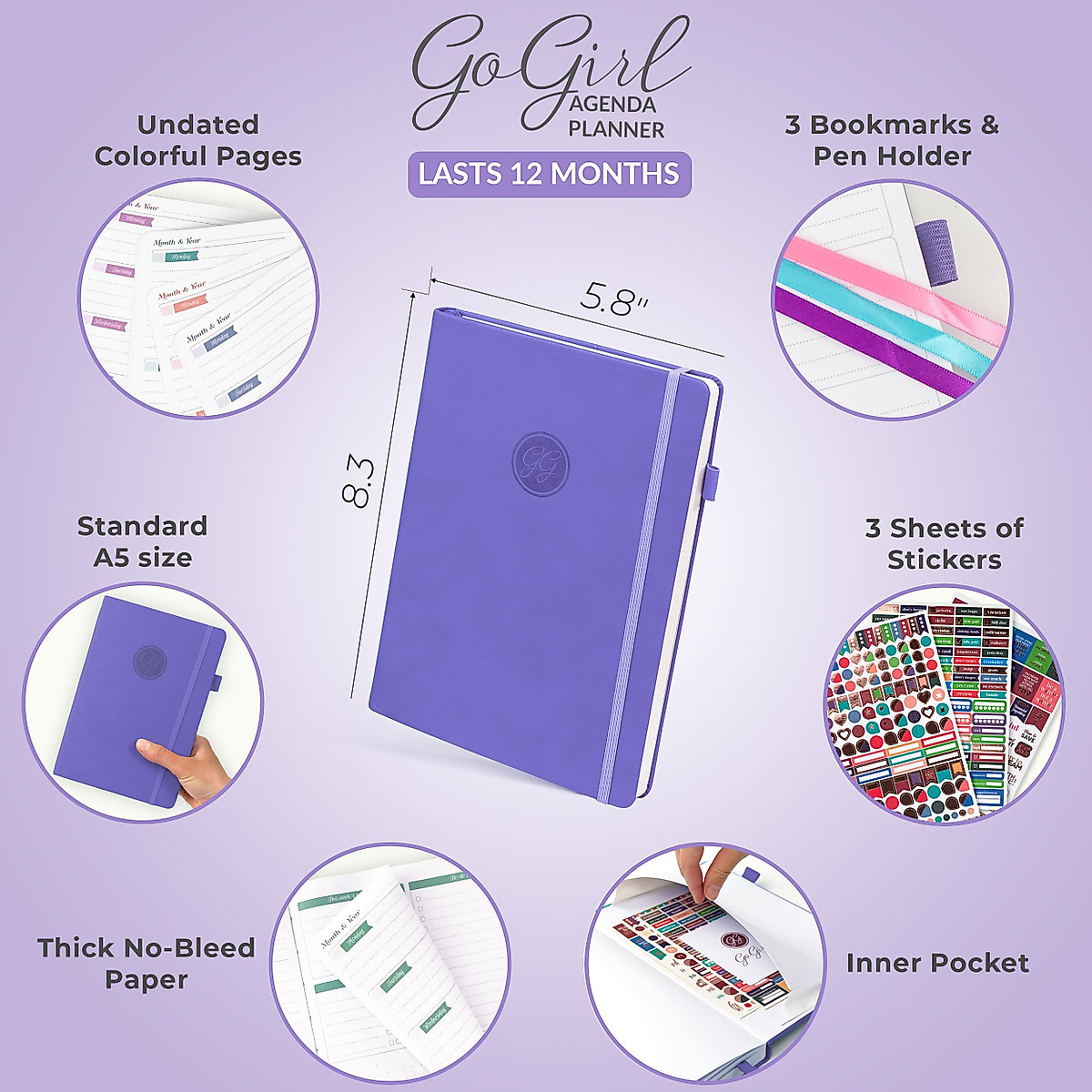 GoGirl Planner Agenda – Colorful Undated Monthly & Weekly Organizer for Women, Journal for Time Management & Productivity (Lavender)