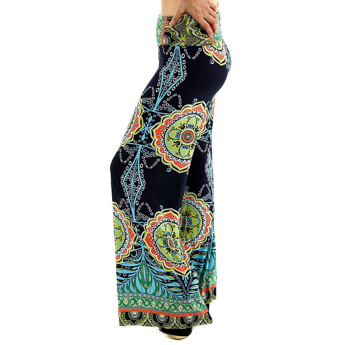 Uptown Apparel Womens Fold Over Waist Wide Leg Palazzo Pants, Good for Tall Curvy Women-Ships from U.S.A. (Small, Navy Tribal)