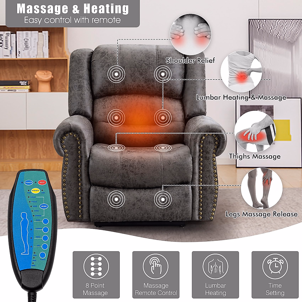 CDCASA Dual Motor Lay Flat Lift Chairs Recliners for Elderly with Massage and Heat, Breathable Leather Infinite Position Large Sleeping Electric Power Lift Chair Recliner for Seniors, Grey