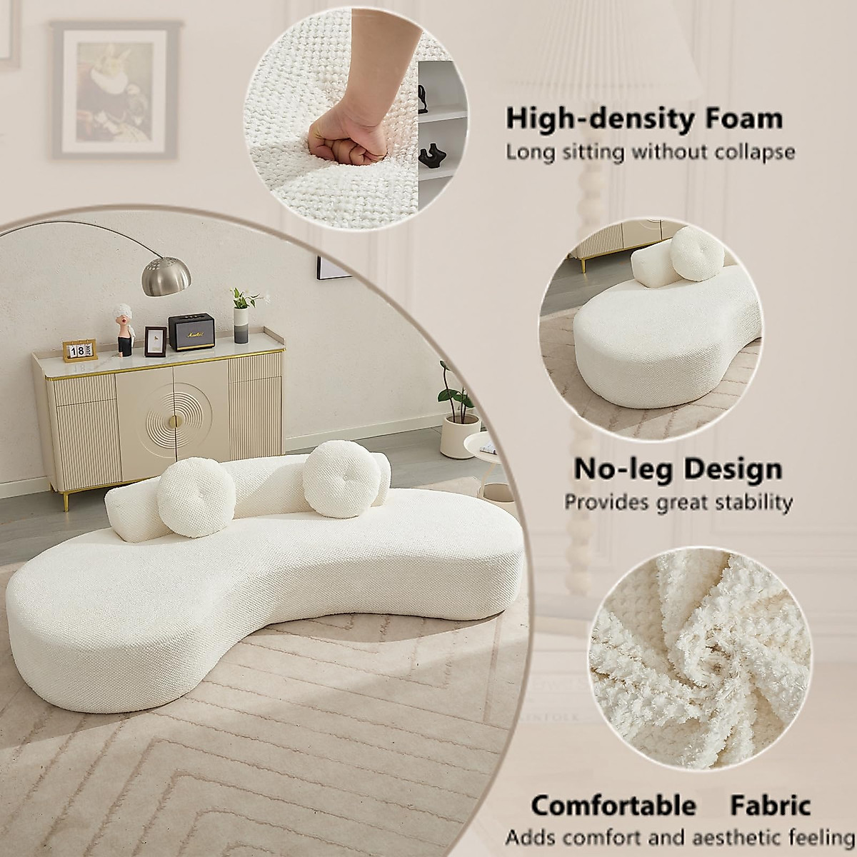 Modern 4-Seater Curved Sofa, Sofa-in-a-Box, No Assembly Required, Comfy Corduroy Fabric Sofa Couch with 2 Pillows, High Density Sponges Cloud Couch for Living Room Apartment Office (Beige)