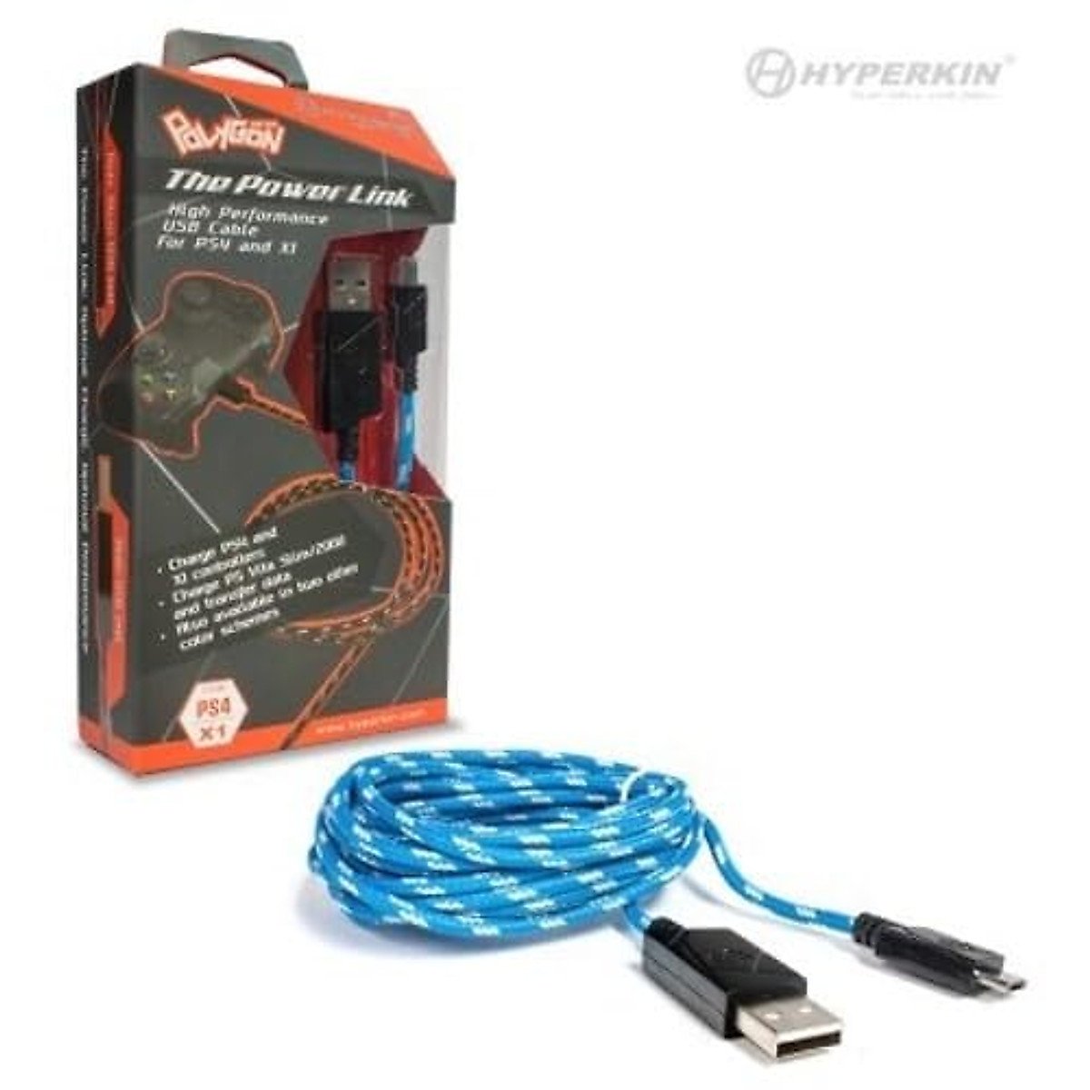 Hyperkin Polygon Braided Micro Charge Cable for PS4/ Xbox One/PS Vita (2000 Model) (Blue/White)