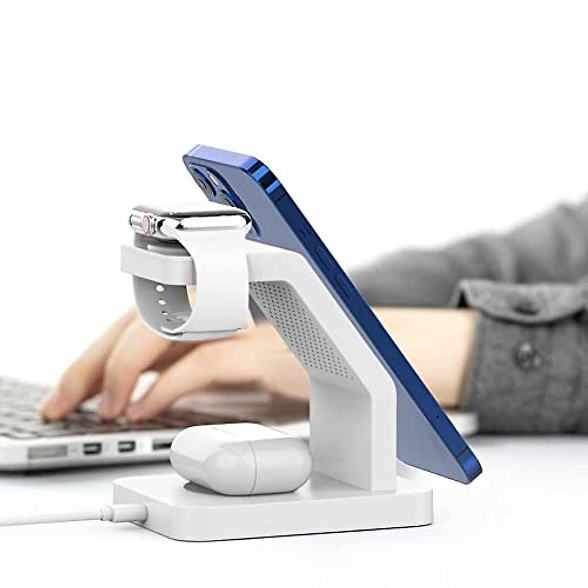 3 in 1 Mag-Safe Wireless Charging Station,Magnetic 18W Fast Charger Stand for Apple iPhone 14/13/12,14/13/12Pro,14/13/12Pro Max,Mini,AirPods 2/pro,iWatch 8/se/7/6/5/4/3(Qc3.0 Adapter Included)