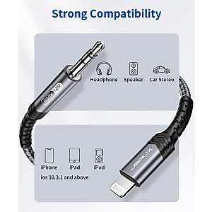 JSAUX AUX Cord for iPhone 3.3Ft [Apple MFi Certified] 3.5mm Aux Cable for Car Compatible with iPhone 14 13 12 11 XS XR X 8 7 6 iPad iPod for Car Home Stereo, Speaker, Headphone-Grey