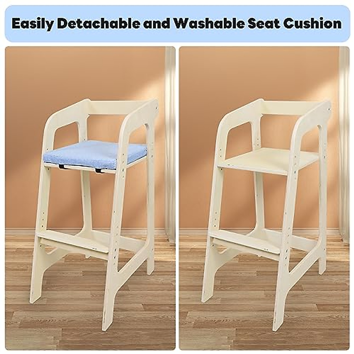 Adjustable Wooden High Chair for Toddlers - Counter Height Dining Chair with Removable Cushion - Perfect for Kids' Dining, Studying, and Feeding