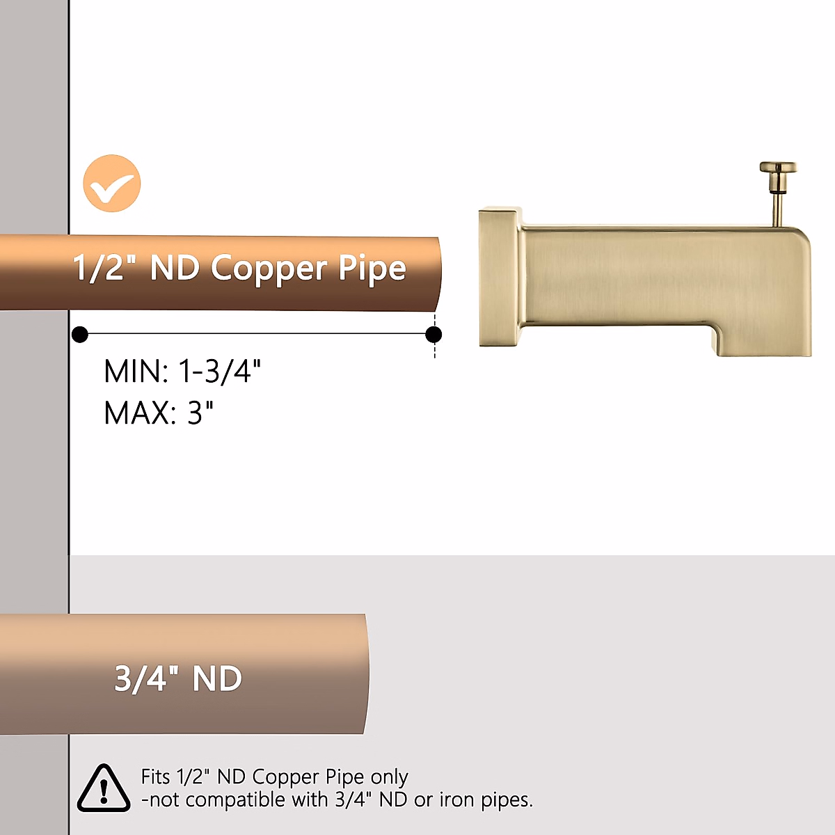 YASINU Slip On Diverter Tub Spout, Sleek Square Design for Bathroom, Fits 1/2" Copper Pipe (5/8" OD), Child-Safe Rounded Edges, Easy Installation, Brushed Gold