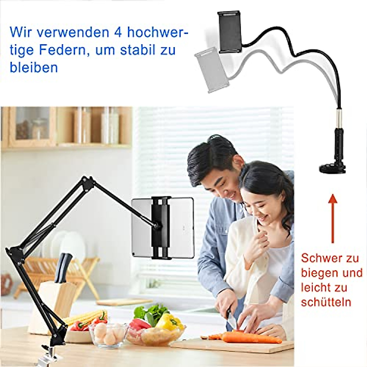 Tablet Stand for Bed, Adjustable and Foldable Tablet Stand Holder with 360 Degree Rotation for iPhone iPad Cellphone Tablet Kindle Fire, or Other 4.7-12.9 inch-Screen Devices (Black)(Extended Arm)