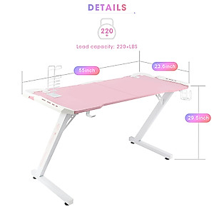 YOUTHUP Pink Gaming Desk with LED Lights, 55" Z Shaped RGB Gaming Computer Table, Ergonomic PC Workstation with Remote Control, Cup Holder, Handle Rack, Headphone Hook, Mouse Pad for Home Office Use