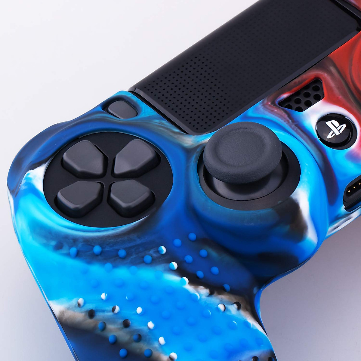 YoRHa Studded Dots Silicone Rubber Gel Customizing Cover for Sony PS4/slim/Pro Dualshock 4 Controller x 1(Camou Red&Blue) with Pro Thumb Grips x 10