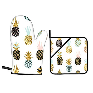 Abstract Tropical Fruit Pineapple Oven Mitts and Pot Holders Sets of 4,Non-Slip Heat Resistant Oven Gloves for Baking Cooking Grilling BBQ